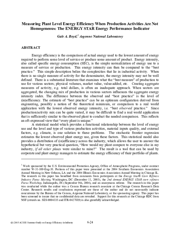 (PDF) Measuring Plant Level Energy Efficiency When Production ...