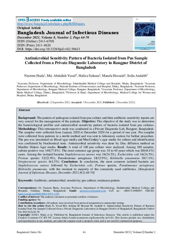 (PDF) Antimicrobial Sensitivity Pattern of Bacteria Isolated from Pus ...