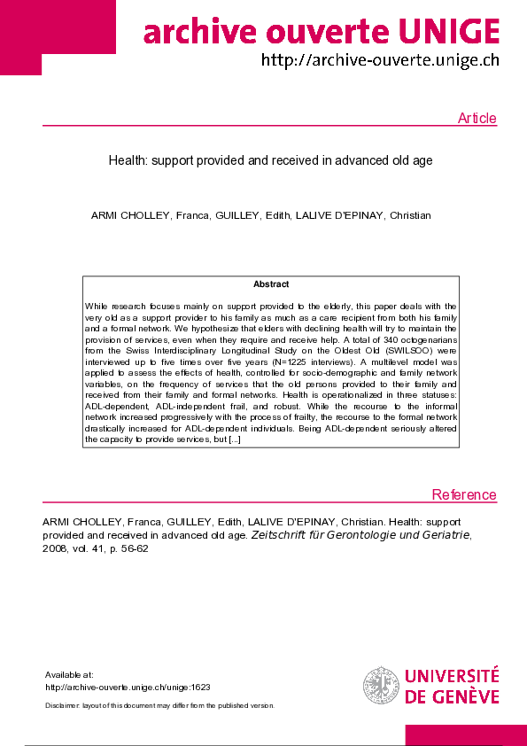 (PDF) Health: support provided and received in advanced old age