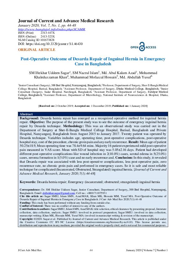 (PDF) Post-Operative Outcome of Desarda Repair of Inguinal Hernia in ...