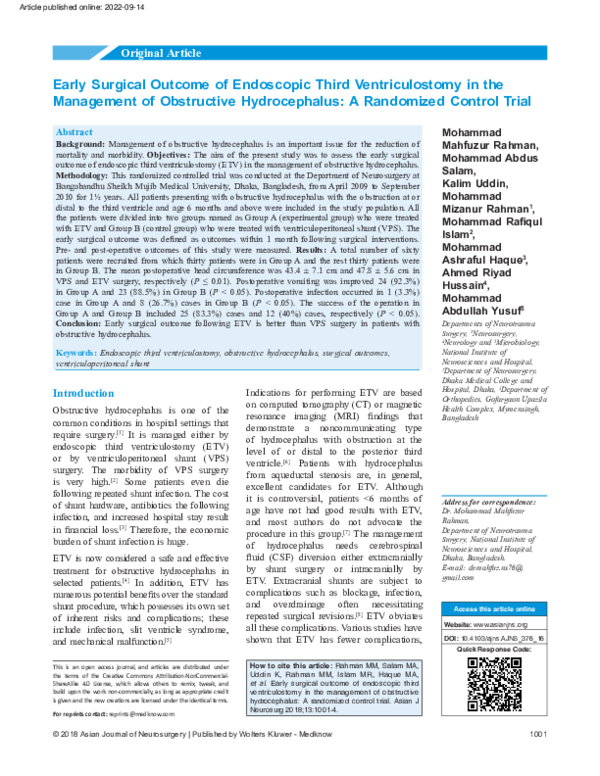(PDF) Early Surgical Outcome of Endoscopic Third Ventriculostomy in the ...