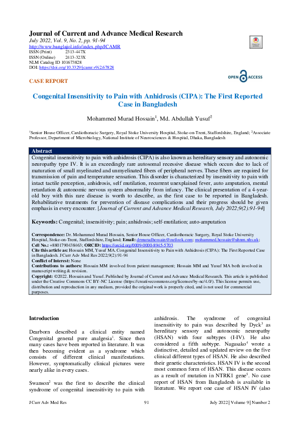 (PDF) Congenital Insensitivity to Pain with Anhidrosis (CIPA): The ...