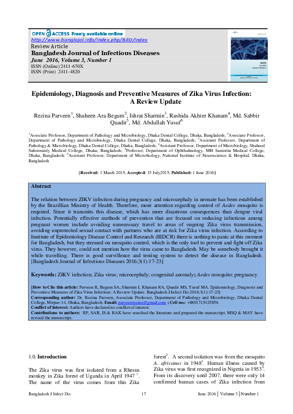 (PDF) Epidemiology, Diagnosis and Preventive Measures of Zika Virus ...