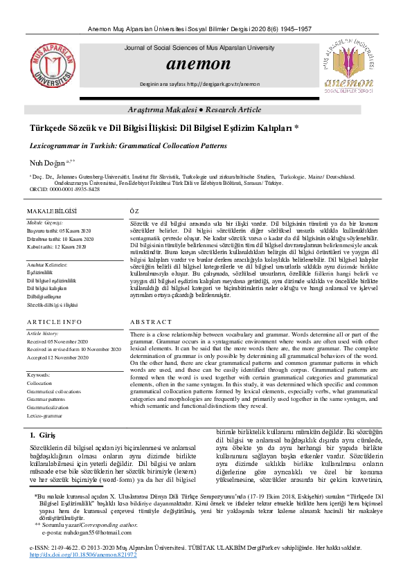 Pdf Lexicogrammar In Turkish Grammatical Collocation Patterns