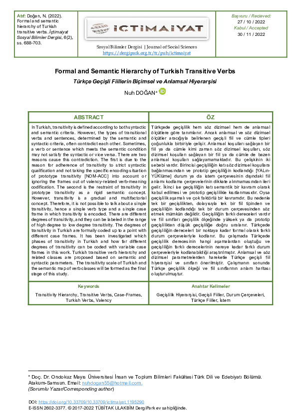 (PDF) Formal and Semantic Hierarchy of Turkish Transitive Verbs