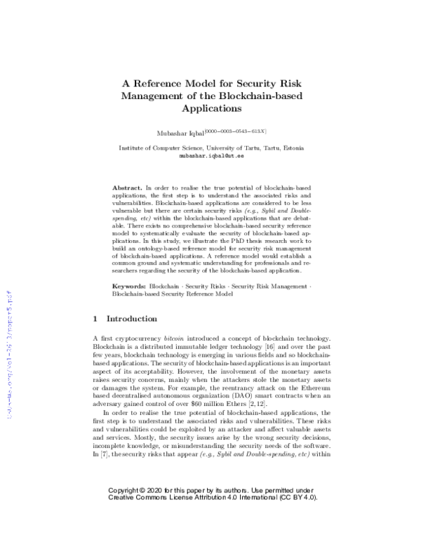 (PDF) A Reference Model for Security Risk Management of the Blockchain ...
