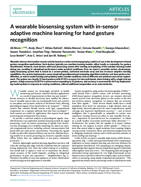 (PDF) A wearable biosensing system with in-sensor adaptive machine learning for hand gesture ...