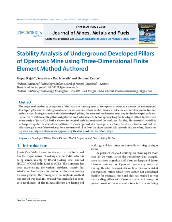 (PDF) Stability Analysis of Underground Developed Pillars of Opencast Mine Using Three ...