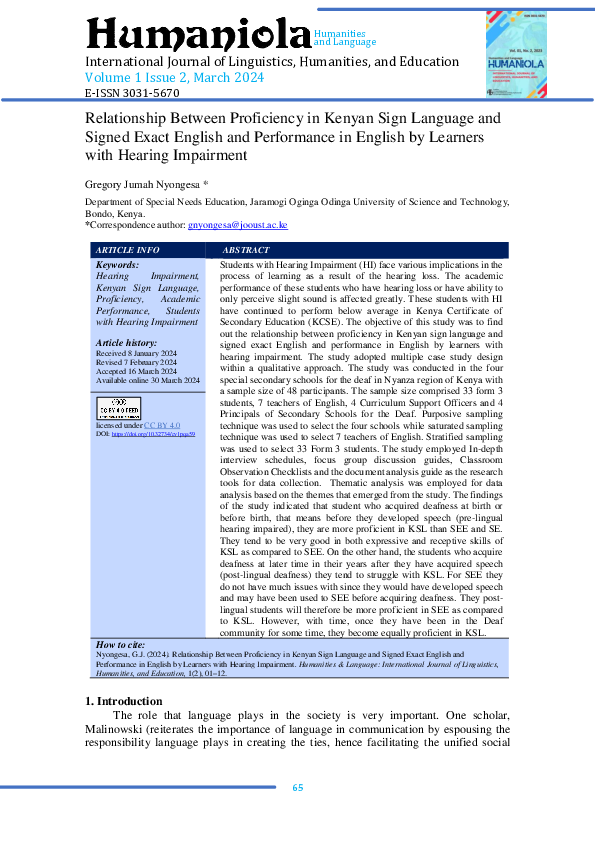 (PDF) Relationship Between Proficiency in Kenyan Sign Language and ...