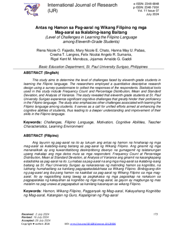 (PDF) Antas ng Hamon sa Pag-aaral ng Wikang Filipino ng mga Mag-aaral ...