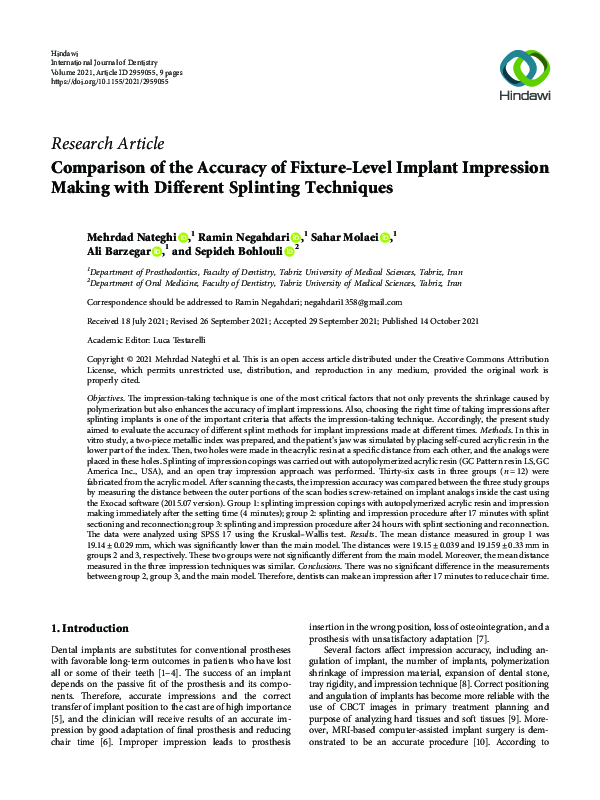 (PDF) Comparison of the Accuracy of Fixture-Level Implant Impression ...