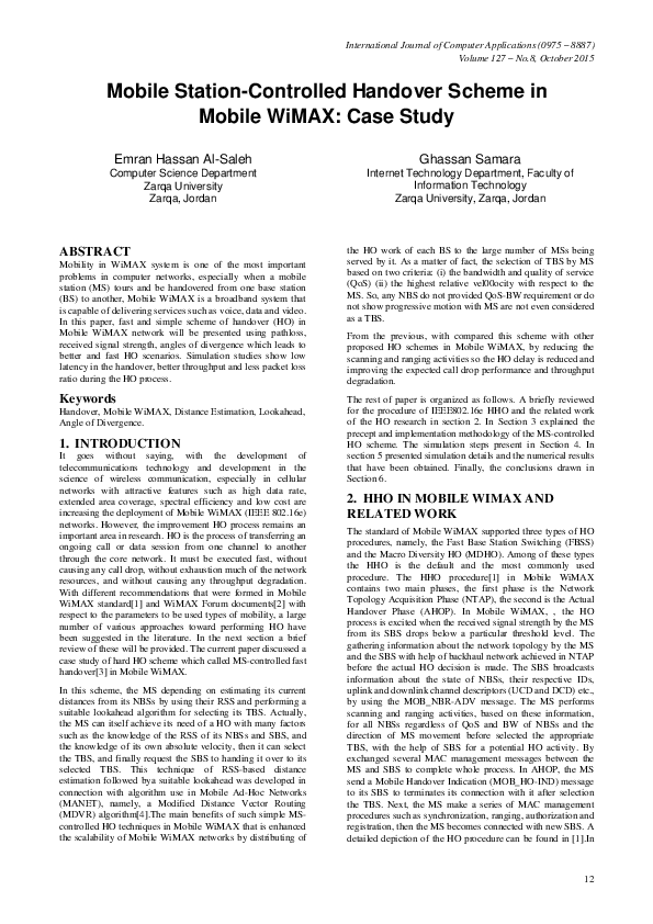 (PDF) Mobile Station-Controlled Handover Scheme in Mobile WiMAX: Case Study