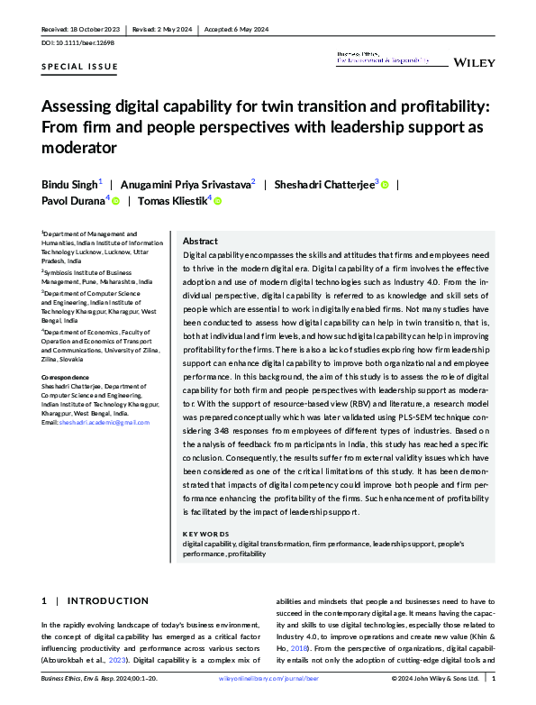 (PDF) Assessing digital capability for twin transition and profitability: From firm and people ...
