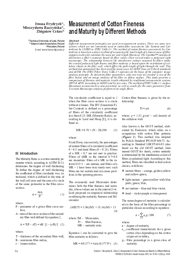 (PDF) Measurement of Cotton Fineness and Maturity by Different Methods