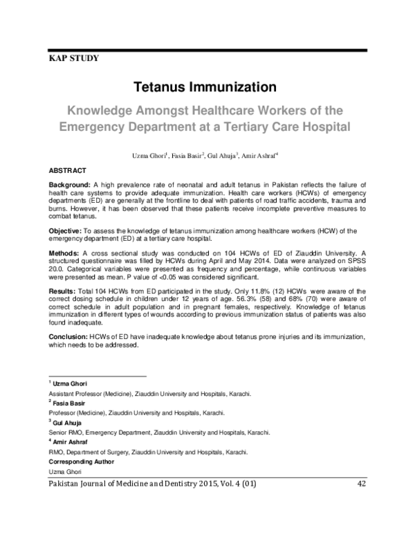 (PDF) Tetanus Immunization Knowledge Amongst Healthcare Workers of the ...