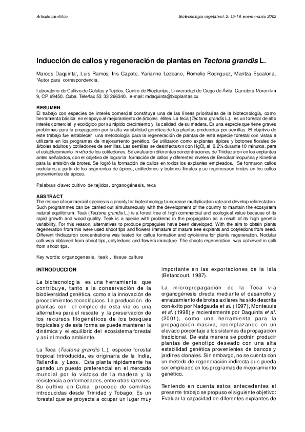 (PDF) Inducción de callos y regeneración de plantas en Tectona grandis L