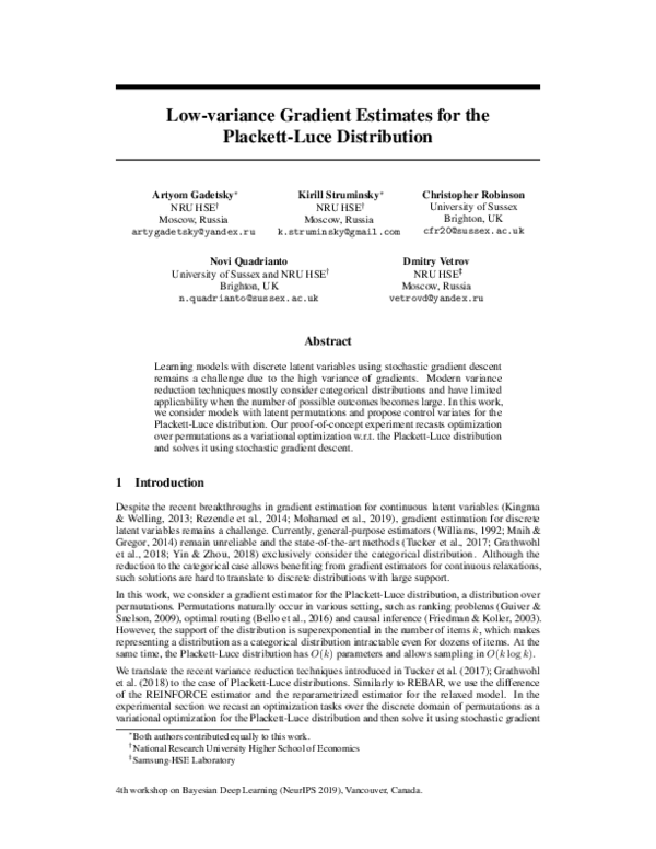 Pdf Low Variance Gradient Estimates For The Plackett Luce Distribution Paper Bot 
