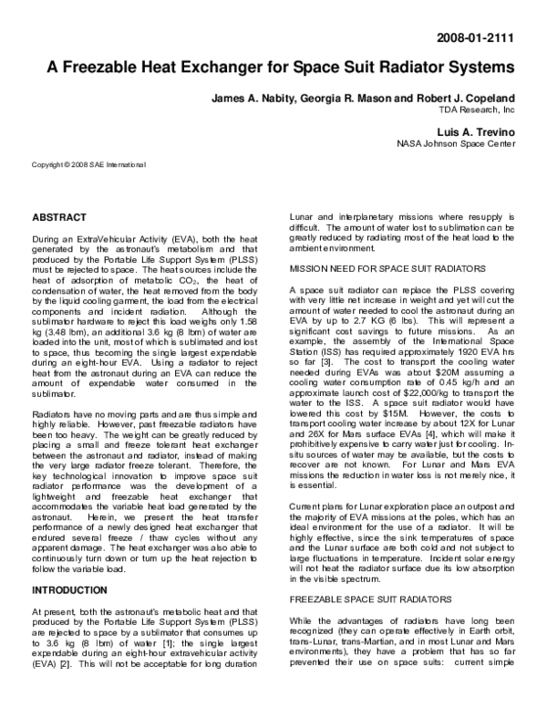 (PDF) A Freezable Heat Exchanger for Space Suit Radiator Systems