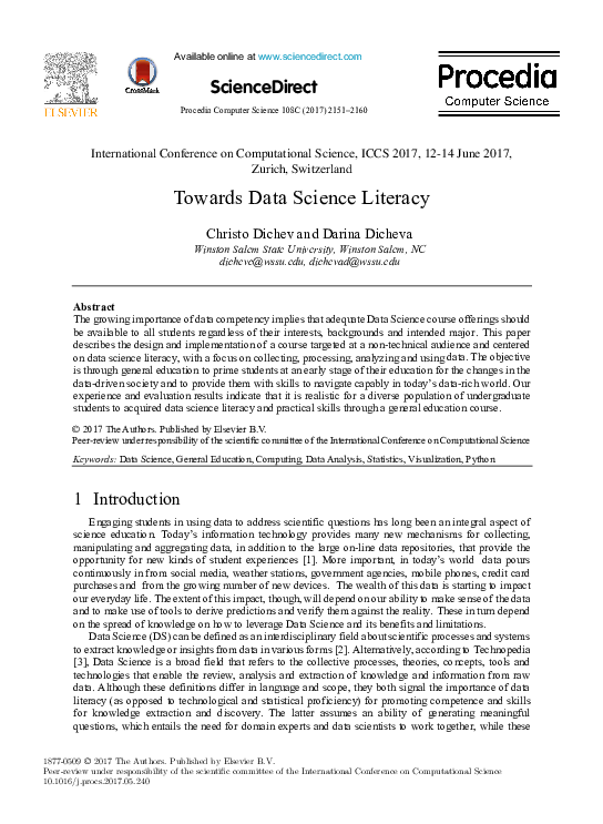 Pdf Towards Data Science Literacy 2260