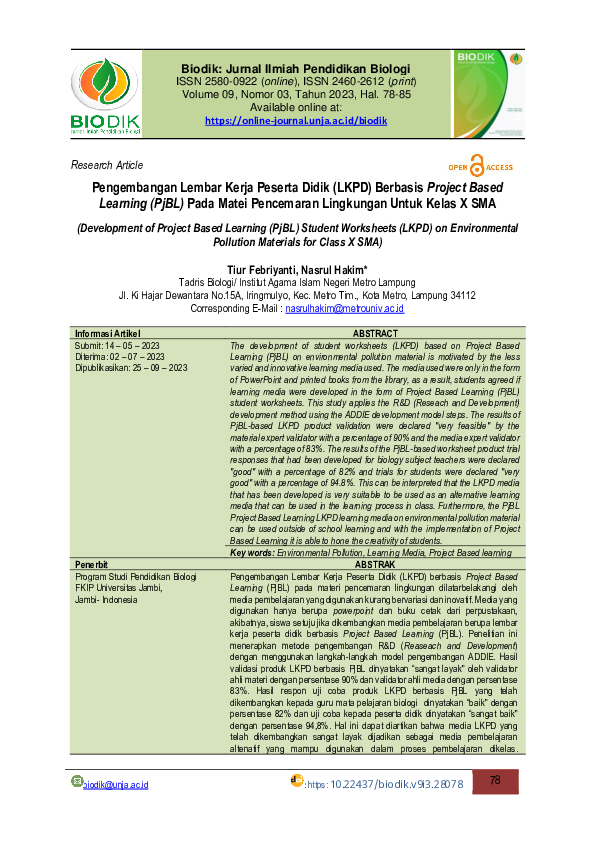 (PDF) Pengembangan Lembar Kerja Peserta Didik (LKPD) Berbasis Project Based Learning (PjBL) Pada ...