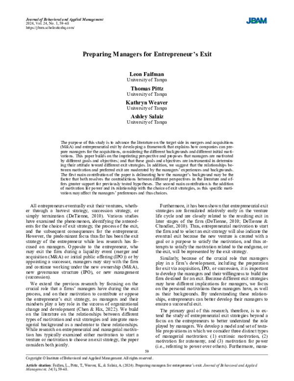 (PDF) Preparing Managers for Entrepreneur’s Exit