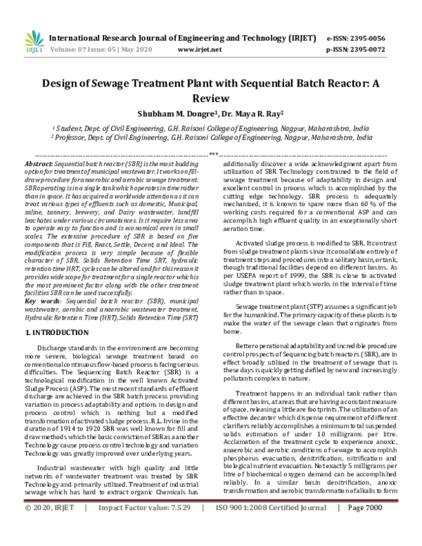(PDF) Design of Sewage Treatment Plant with Sequential Batch Reactor: A ...