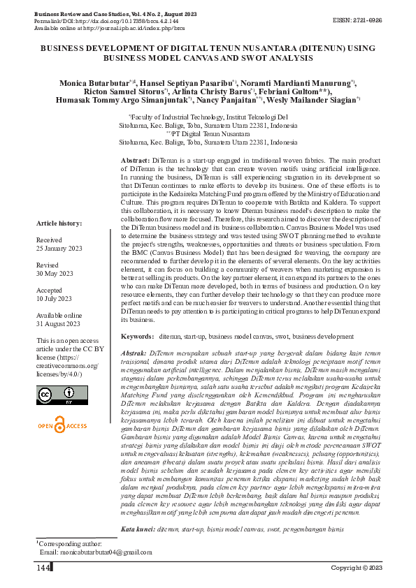(PDF) Business Development of Digital Tenun Nusantara (Ditenun) Using ...