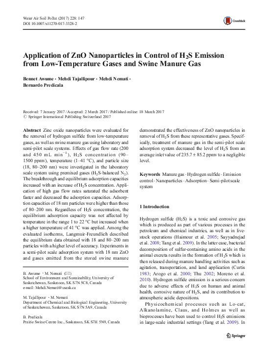 (PDF) Application of ZnO Nanoparticles in Control of H2S Emission from ...