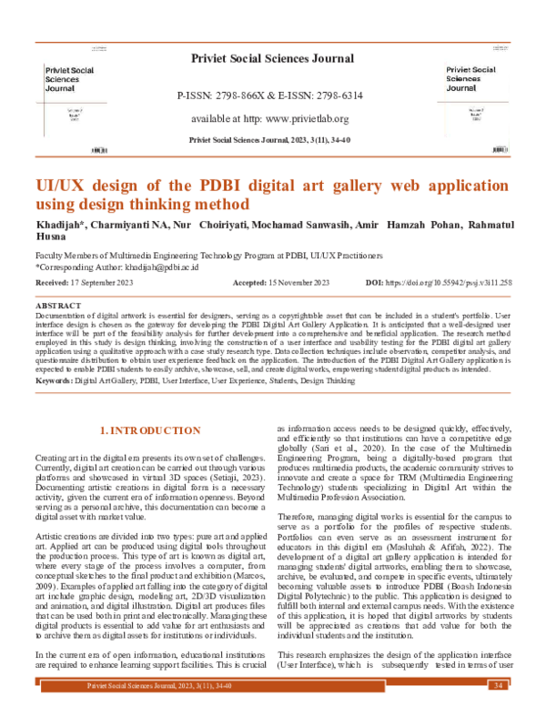 (PDF) UI/UX design of the PDBI digital art gallery web application using design thinking method
