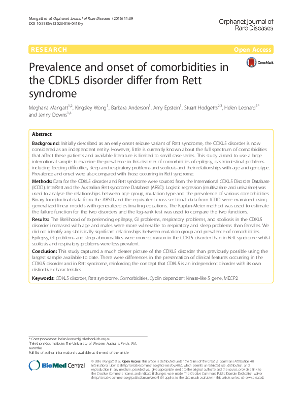 (PDF) Prevalence and onset of comorbidities in the CDKL5 disorder ...