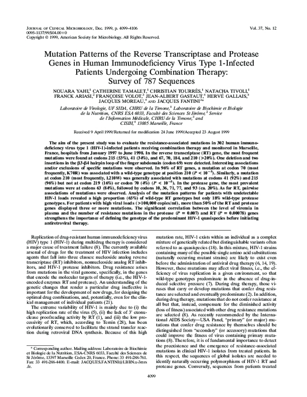(PDF) Mutation Patterns of the Reverse Transcriptase and Protease Genes ...
