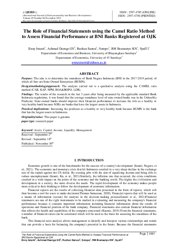 (PDF) The Role of Financial Statements using the Camel Ratio Method to ...
