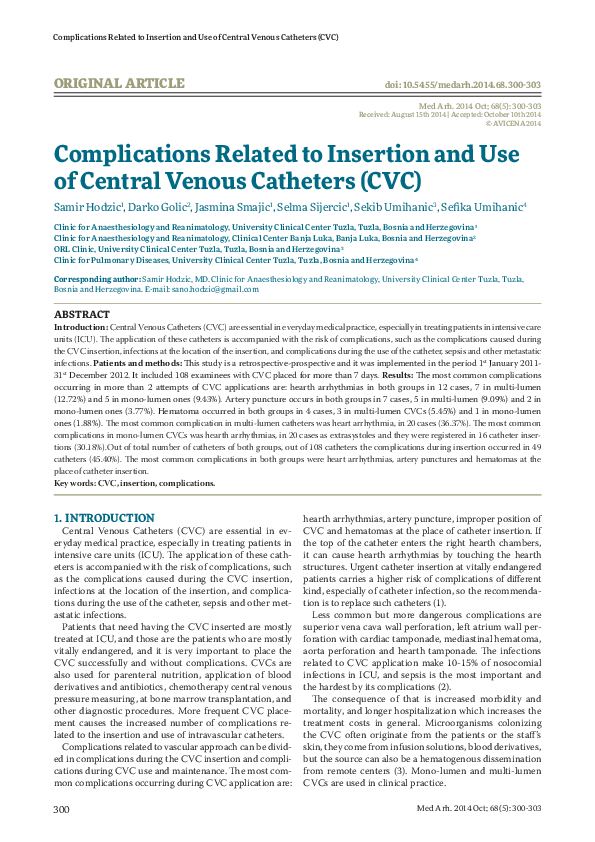 (PDF) Complications Related to Insertion and Use of Central Venous Catheters (CVC)