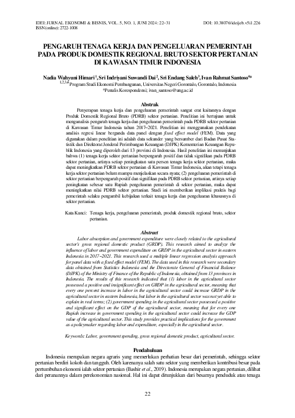 (PDF) Pengaruh Tenaga Kerja Dan Pengeluaran Pemerintah Terhadap Produk Domestik Regional Bruto ...