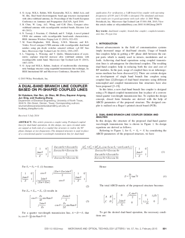 (PDF) A dual-band branch line coupler based on Pi-shaped coupled lines