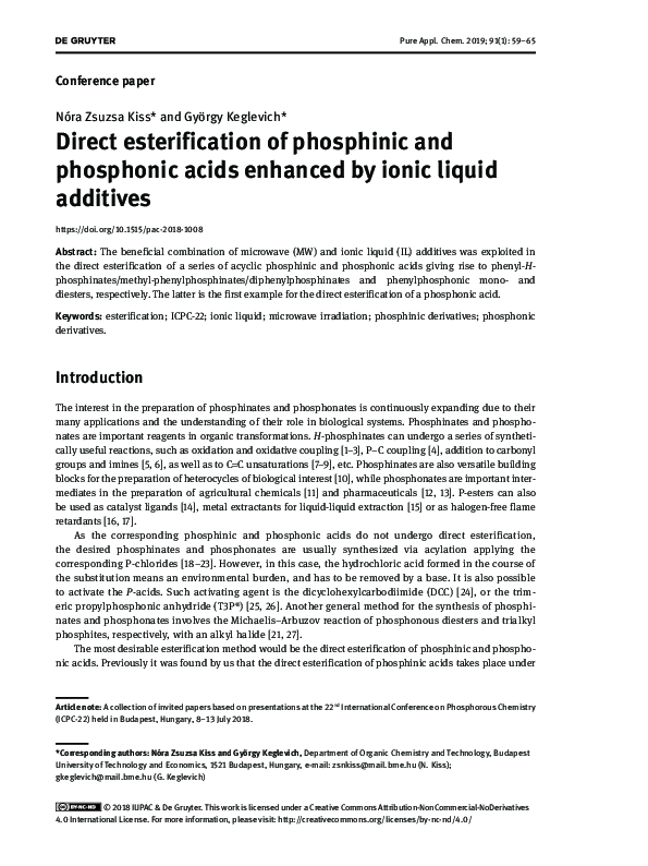 (PDF) Direct esterification of phosphinic and phosphonic acids enhanced by ionic liquid additives