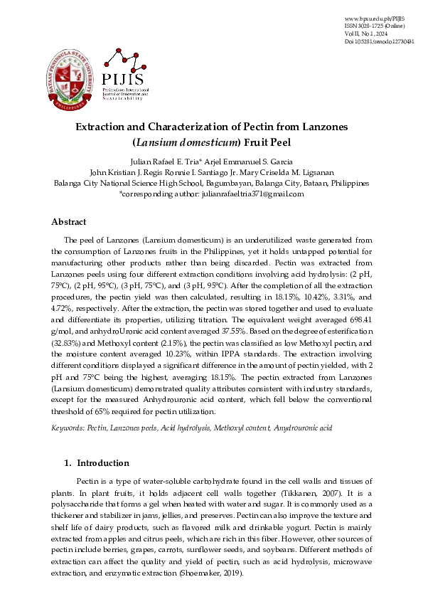 (PDF) Extraction and Characterization of Pectin from Lanzones (Lansium domesticum) Fruit Peel