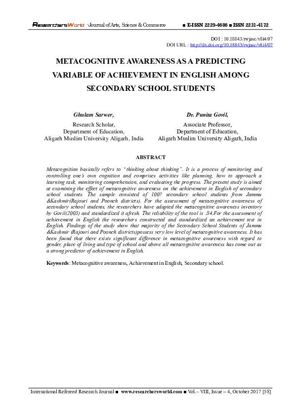 (PDF) Metacognitive Awareness as a Predicting Variable of Achievement in English Among Secondary ...
