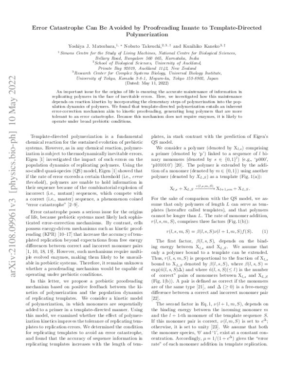 (PDF) Error Catastrophe Can Be Avoided by Proofreading Innate to ...