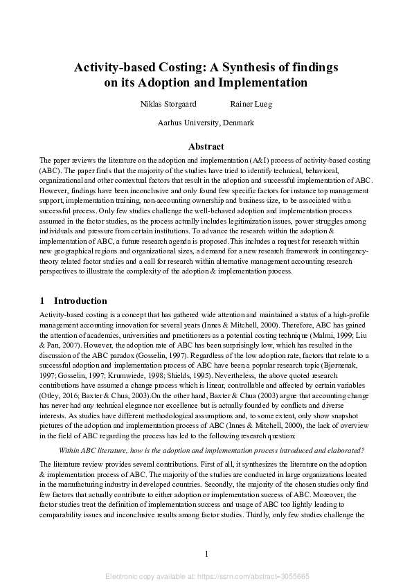 (PDF) Activity-Based Costing: A Synthesis of Findings on Its Adoption and Implementation