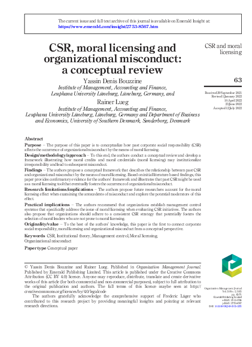 (PDF) CSR, moral licensing and organizational misconduct: a conceptual ...