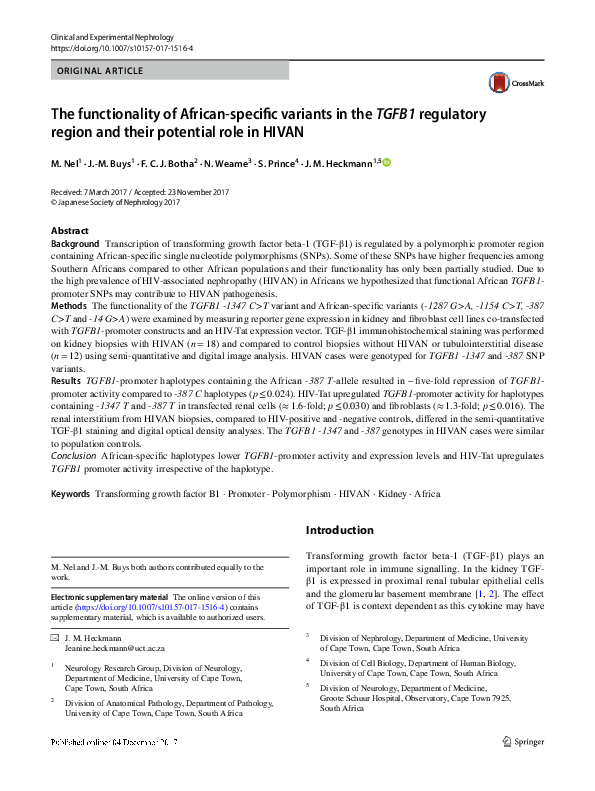 (PDF) The functionality of African-specific variants in the TGFB1 ...