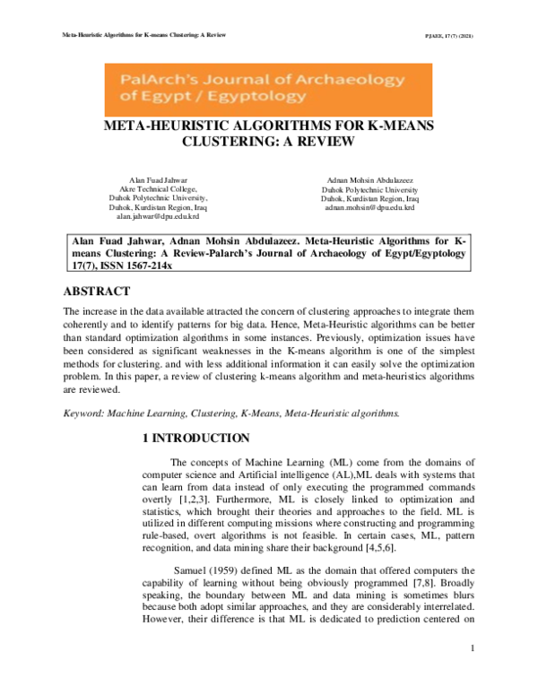 (PDF) META-HEURISTIC ALGORITHMS FOR K-MEANS CLUSTERING: A REVIEW