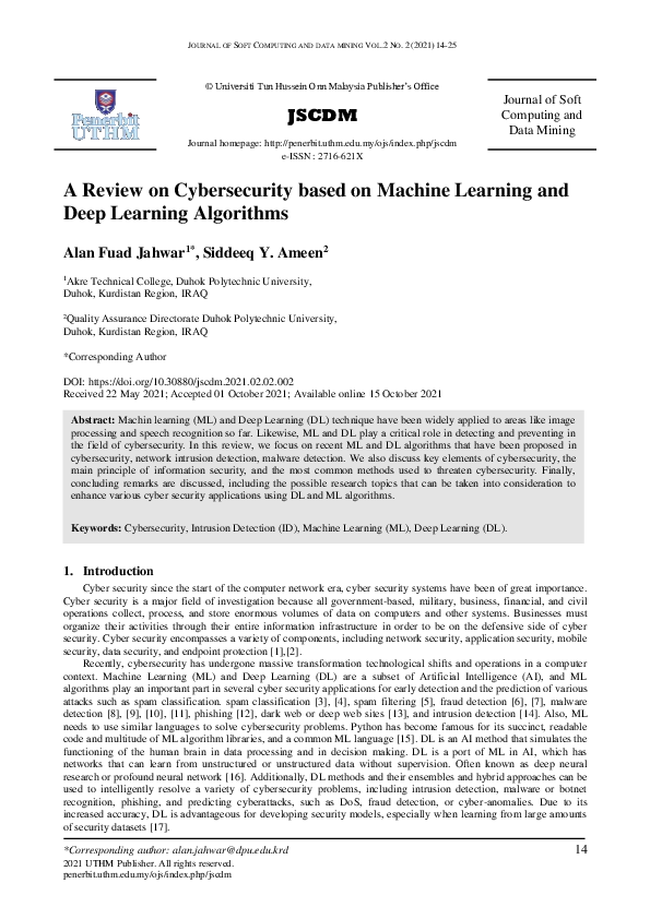 (PDF) A Review on Cybersecurity based on Machine Learning and Deep Learning Algorithms