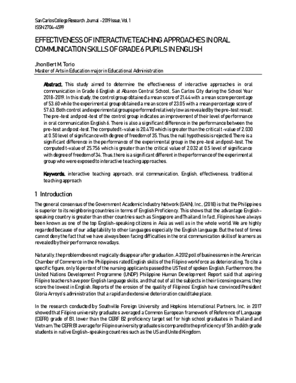 (PDF) Effectiveness of Interactive Teaching Approaches in Oral Communication Skill of Grade 6 ...