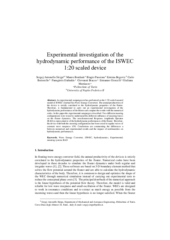 (PDF) Experimental investigation of the hydrodynamic performance of the ISWEC 1:20 scaled device