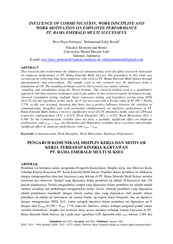 (PDF) INFLUENCE OF COMMUNICATION, WORK DISCIPLINE AND WORK MOTIVATION ...