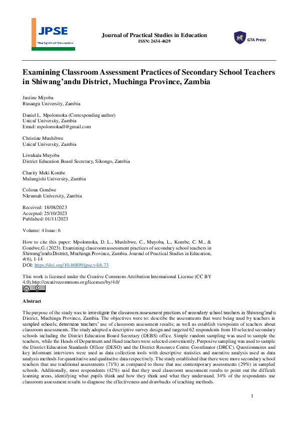 (PDF) Examining Classroom Assessment Practices of Secondary School Teachers in Shiwang’andu ...