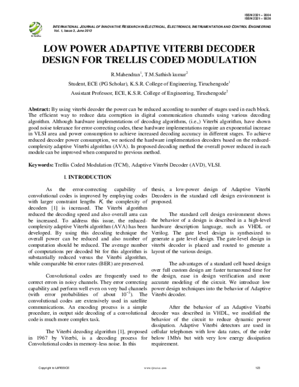 Pdf Low Power Adaptive Viterbi Decoder Design For Trellis Coded Modulation 