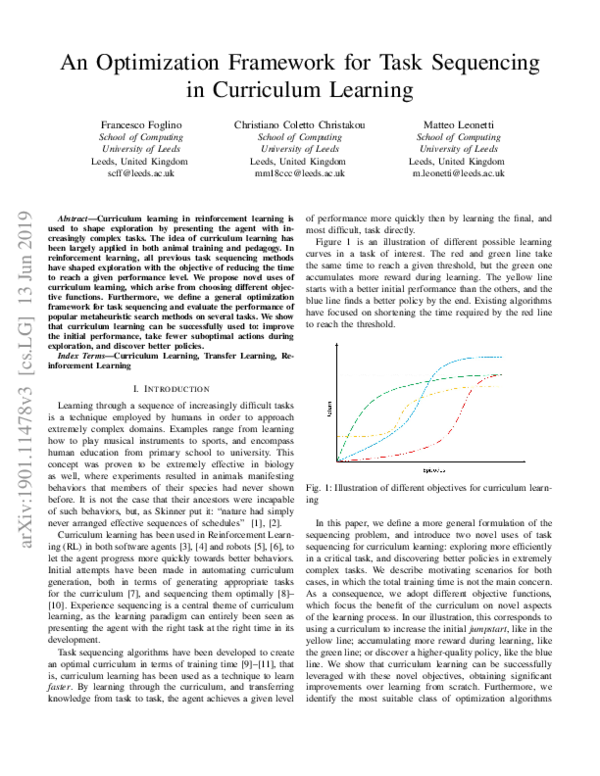 (PDF) An Optimization Framework for Task Sequencing in Curriculum Learning